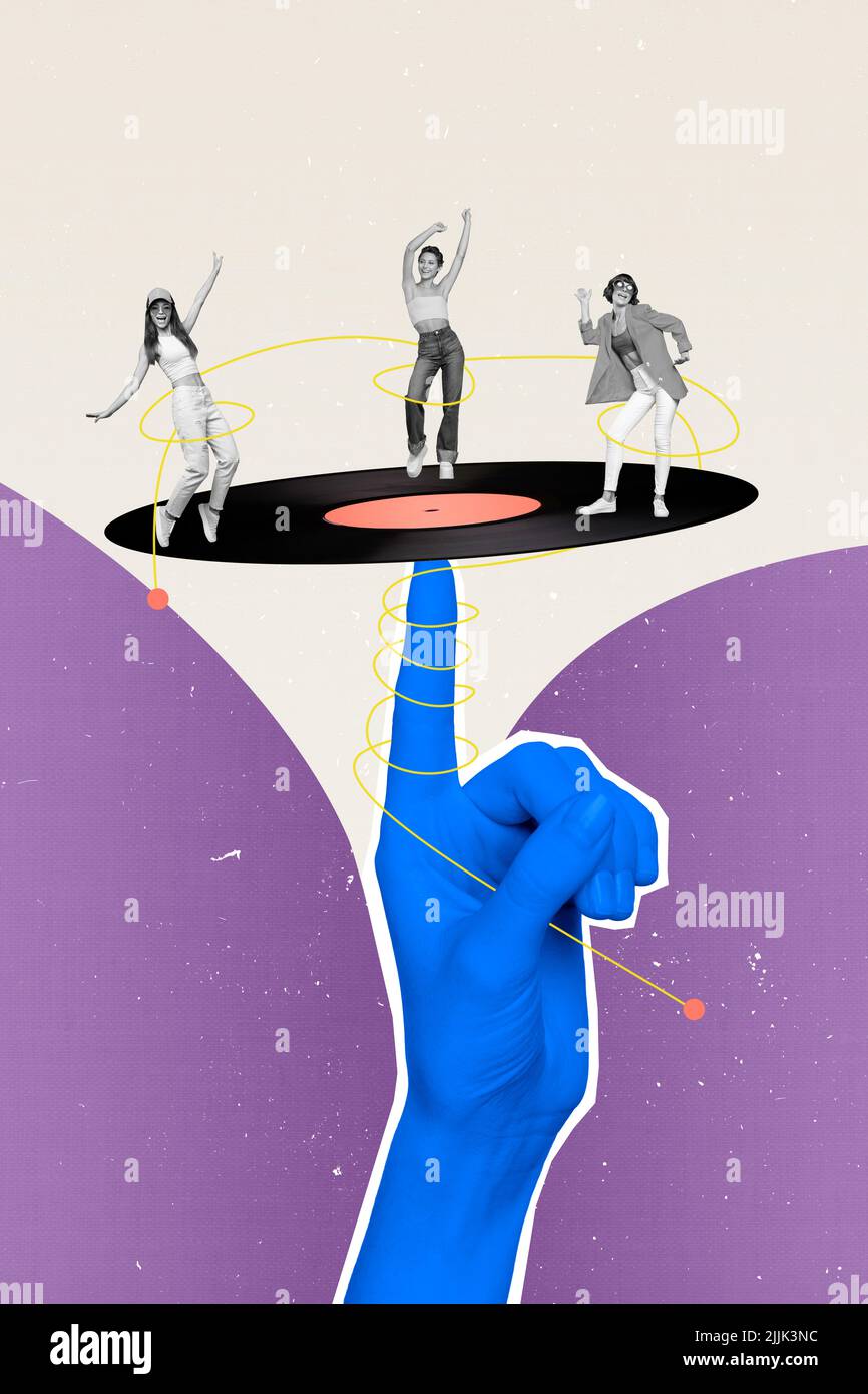 Magazine collage banner of small youngsters people dancing on huge ...
