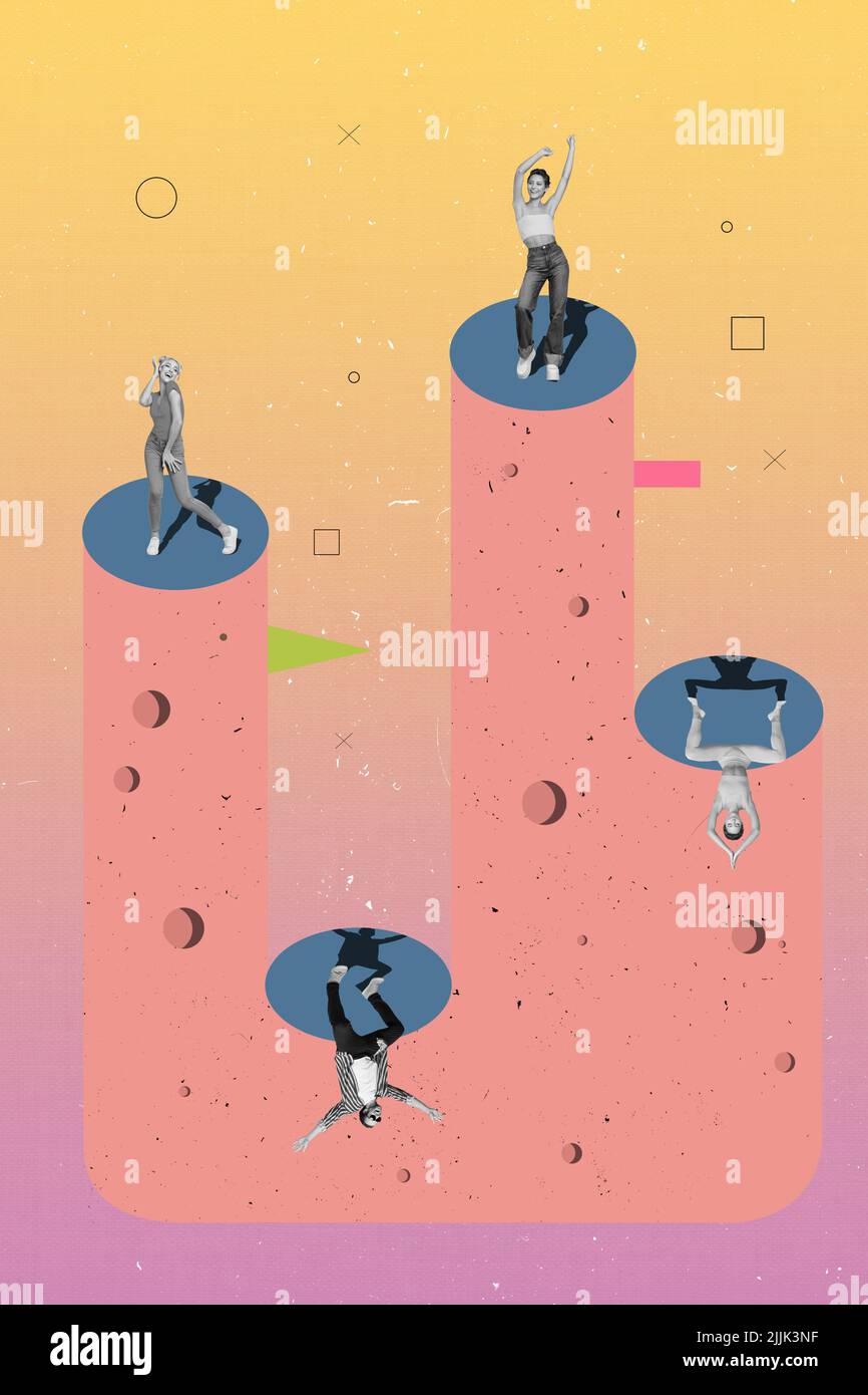 Banner magazine collage of four people millennials dance on platform ...