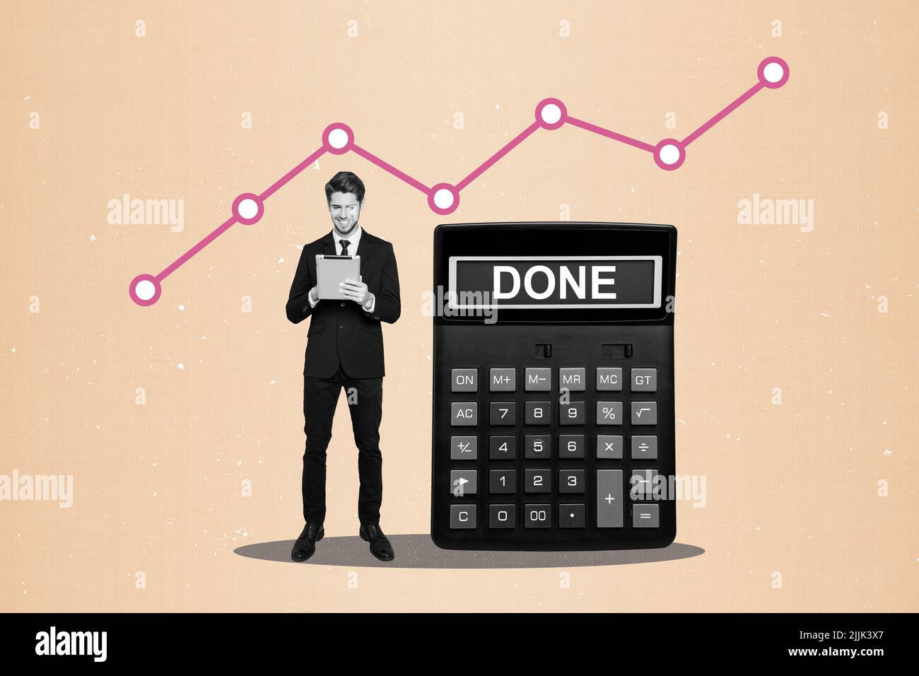 Surreal collage of smart bookkeeper use technology count cost savings ...