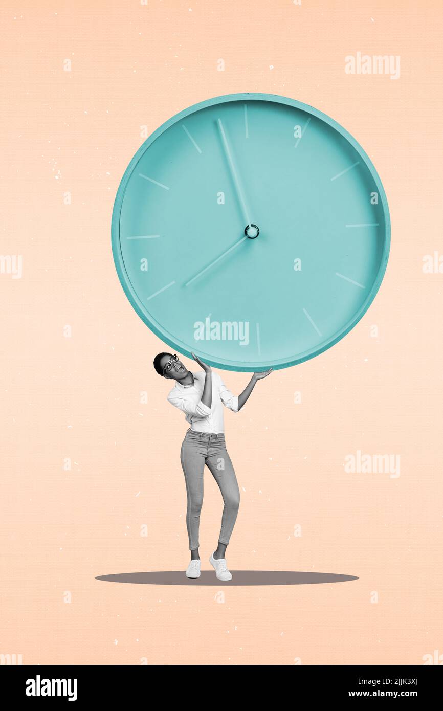 Banner collage of guy lady holding huge clock stopwatch deadline ending ...