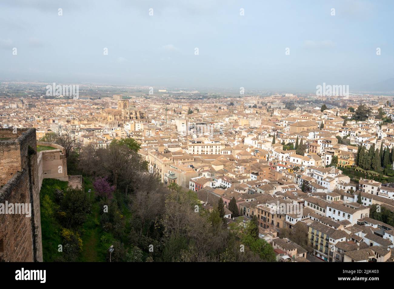 Aerial panoramic view on buildings, old district, mountains and palace ...