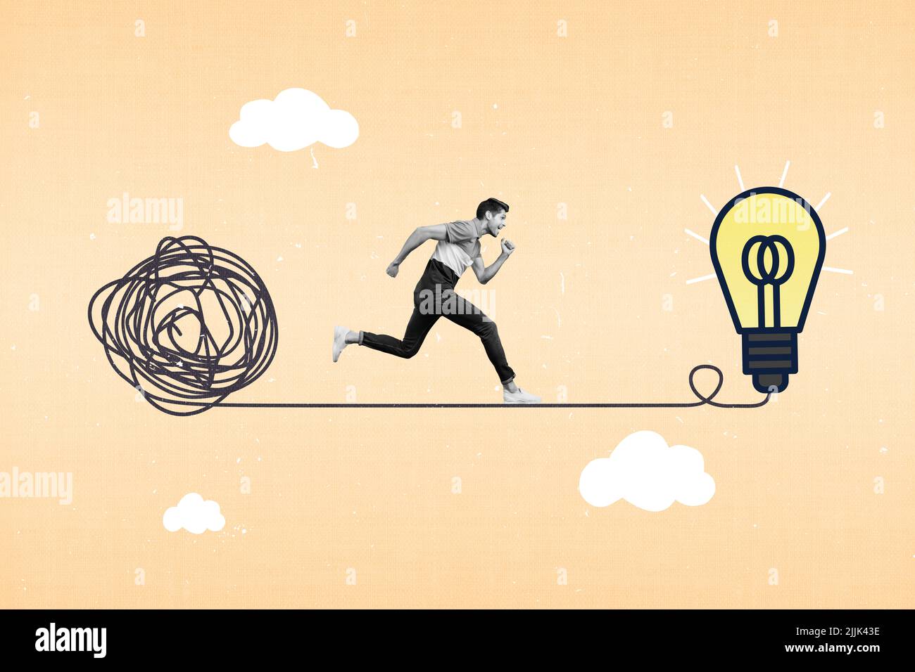 Magazine collage of white grey filter guy run fast order messy line ...