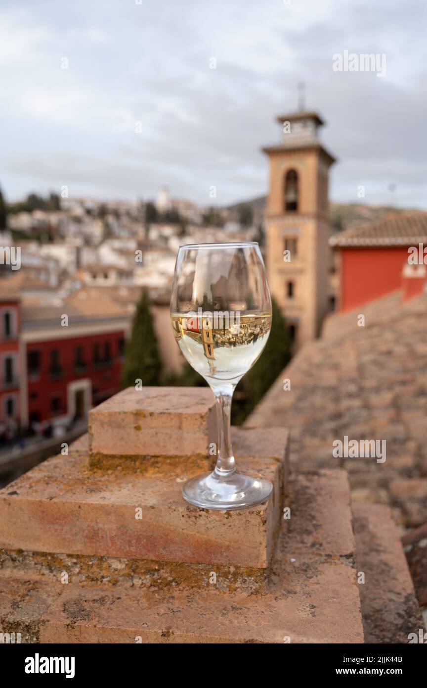 Glass of Spanish dry rueda verdejo white wine served on roof terrace ...