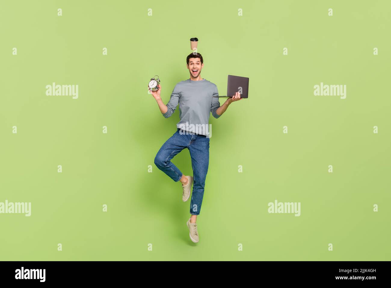 Full body image photo of workaholic early morning businessman doing ...