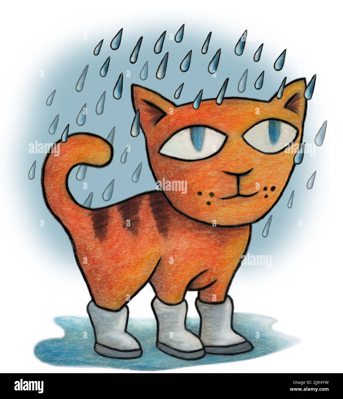 Illustration made with colored pencils of a cat that is stuck in a ...