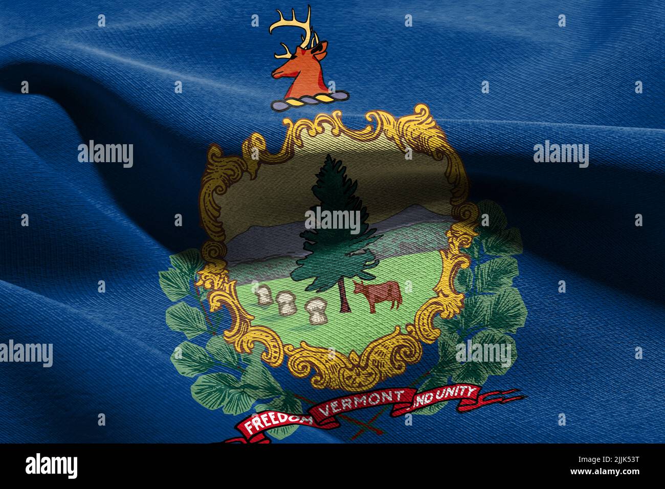 3D illustration flag of Vermont is a state of United States. Waving on ...