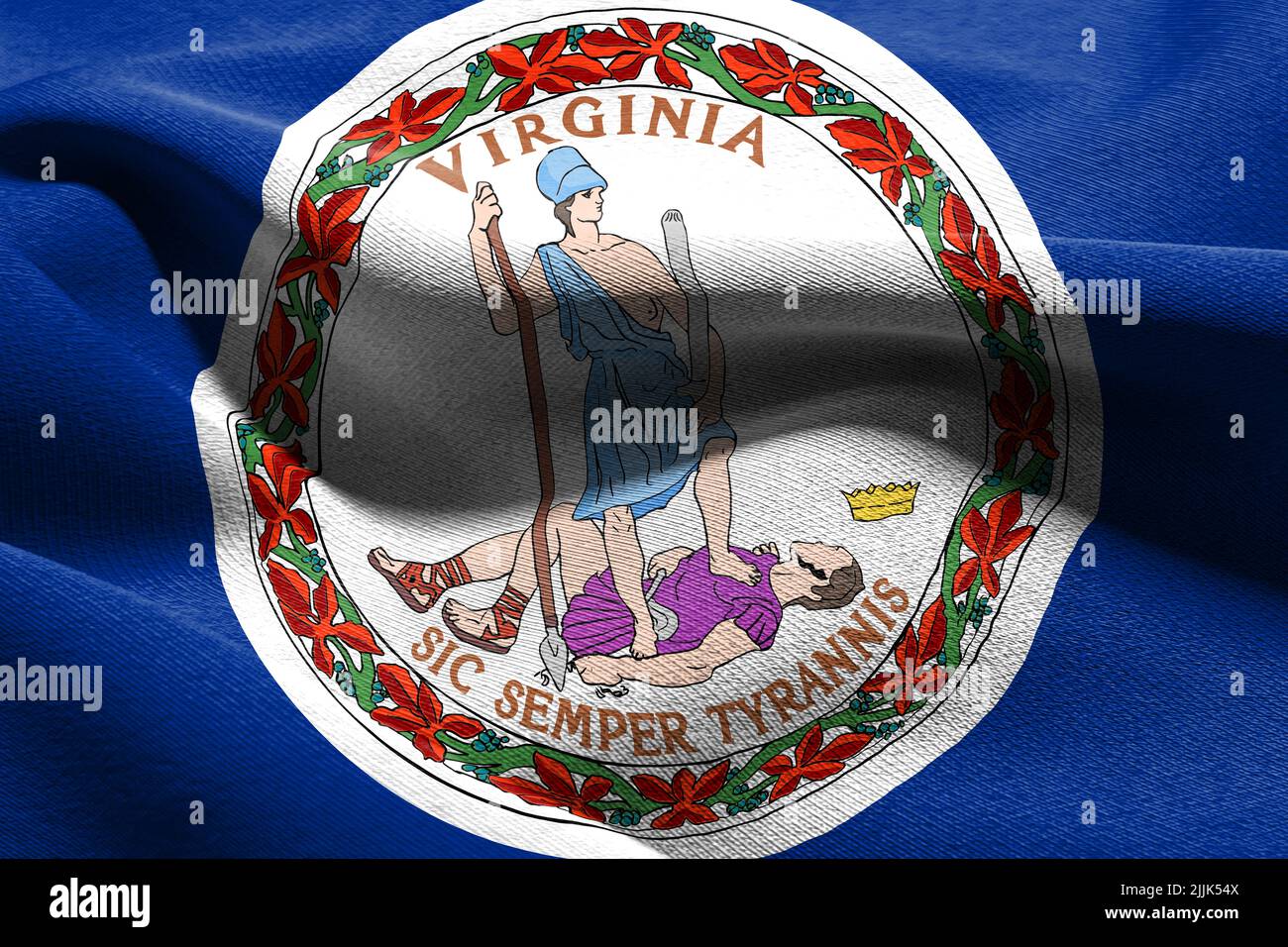 3D illustration flag of Virginia is a state of United States. Waving on ...