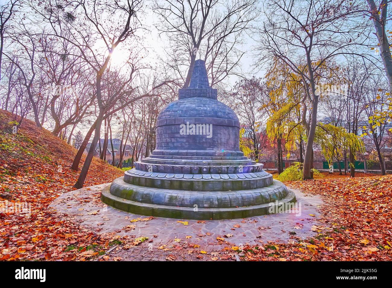 The autumn Indonesian Park with dry foliage on the ground, spread trees ...