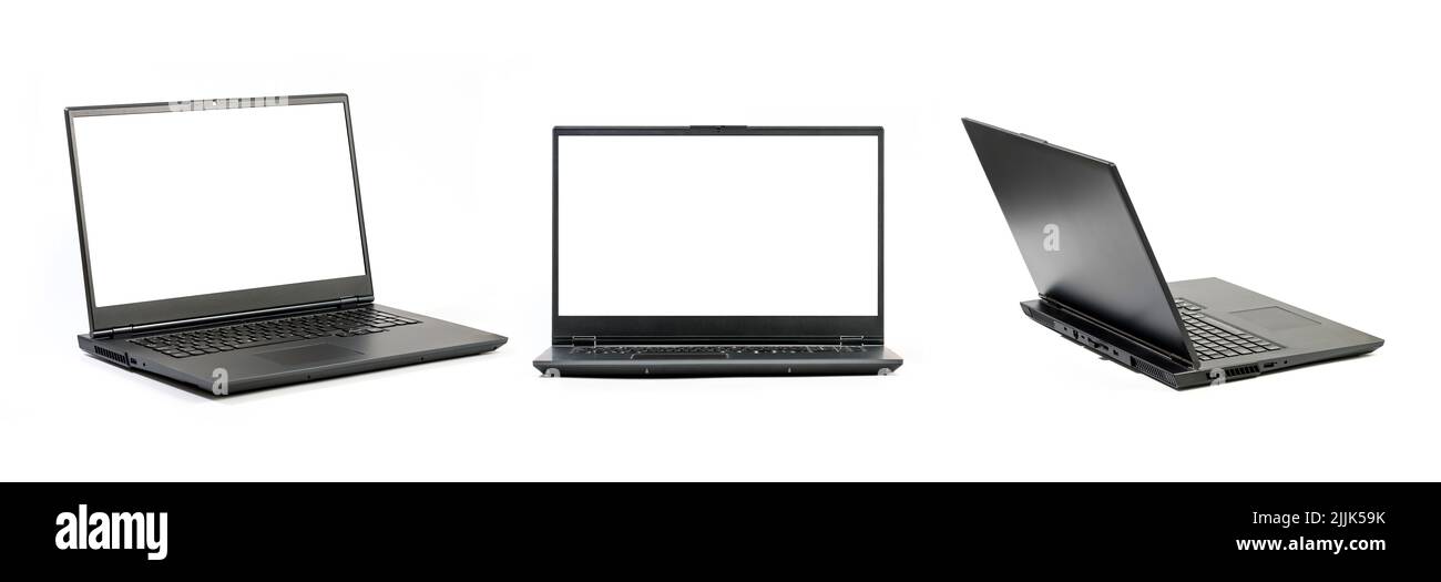 Laptop computer with white screen and keyboard angle, front and rear ...