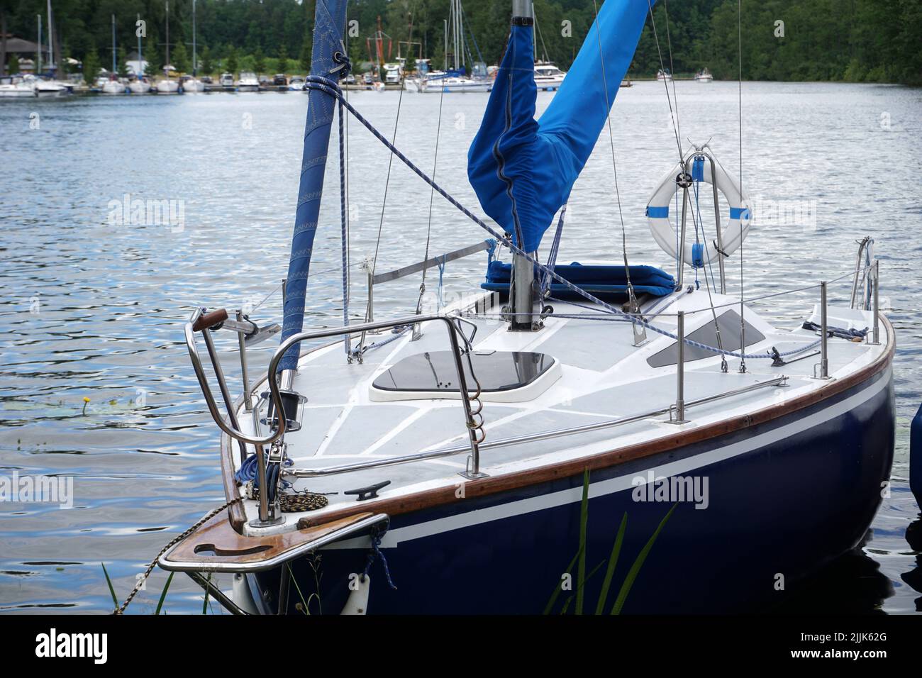 Sailboat moored in port - front view Stock Photo - Alamy