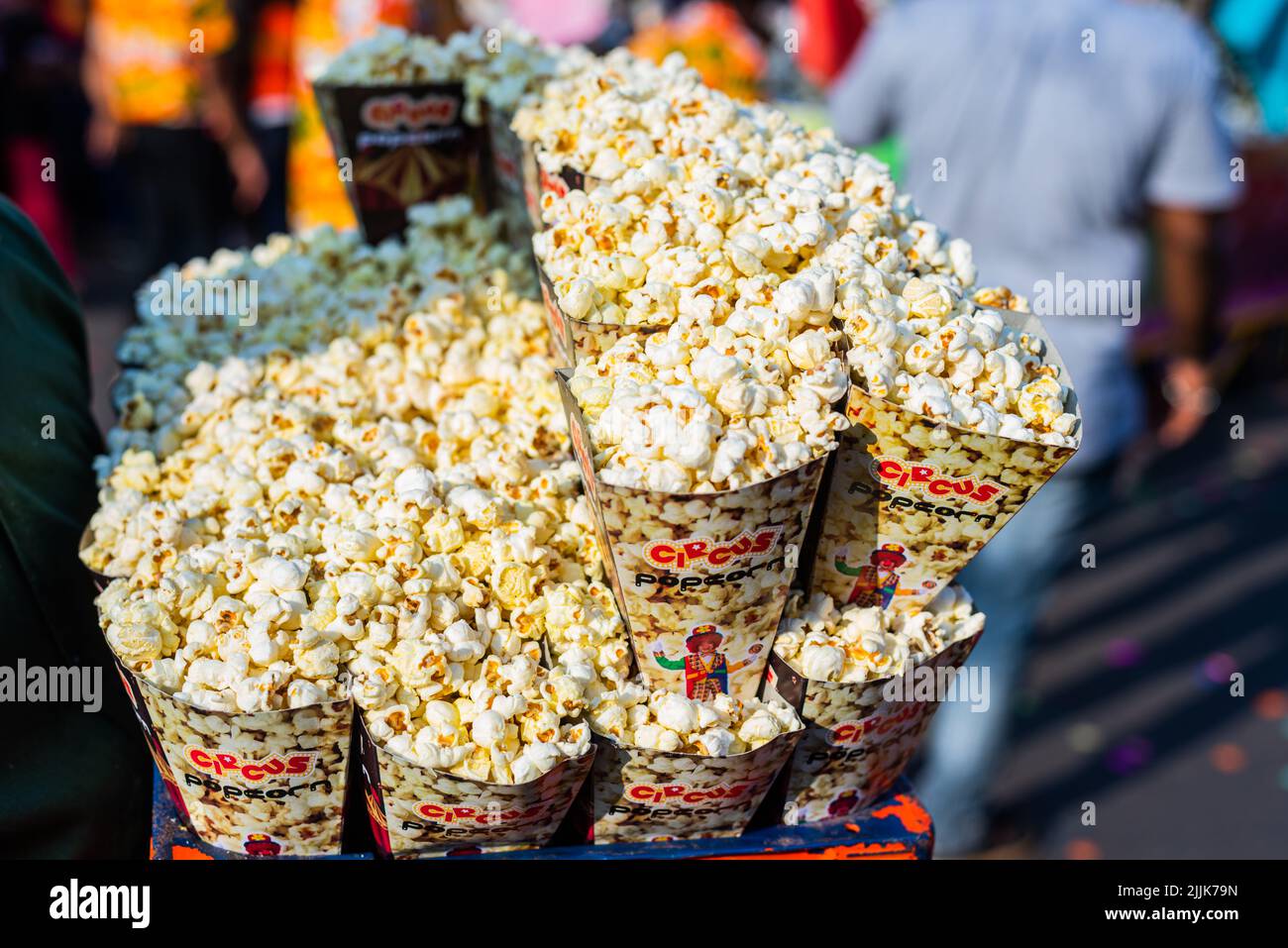 Paper boxes of "Circus Popcorn" at an event in Goa, India Stock Photo ...