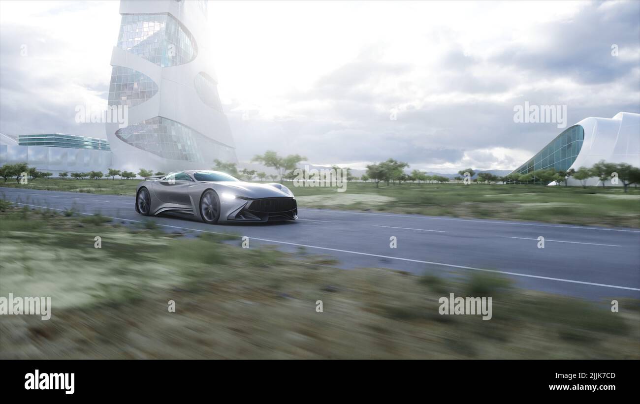 Futuristic sport car very fast driving on highway. Futuristic city ...