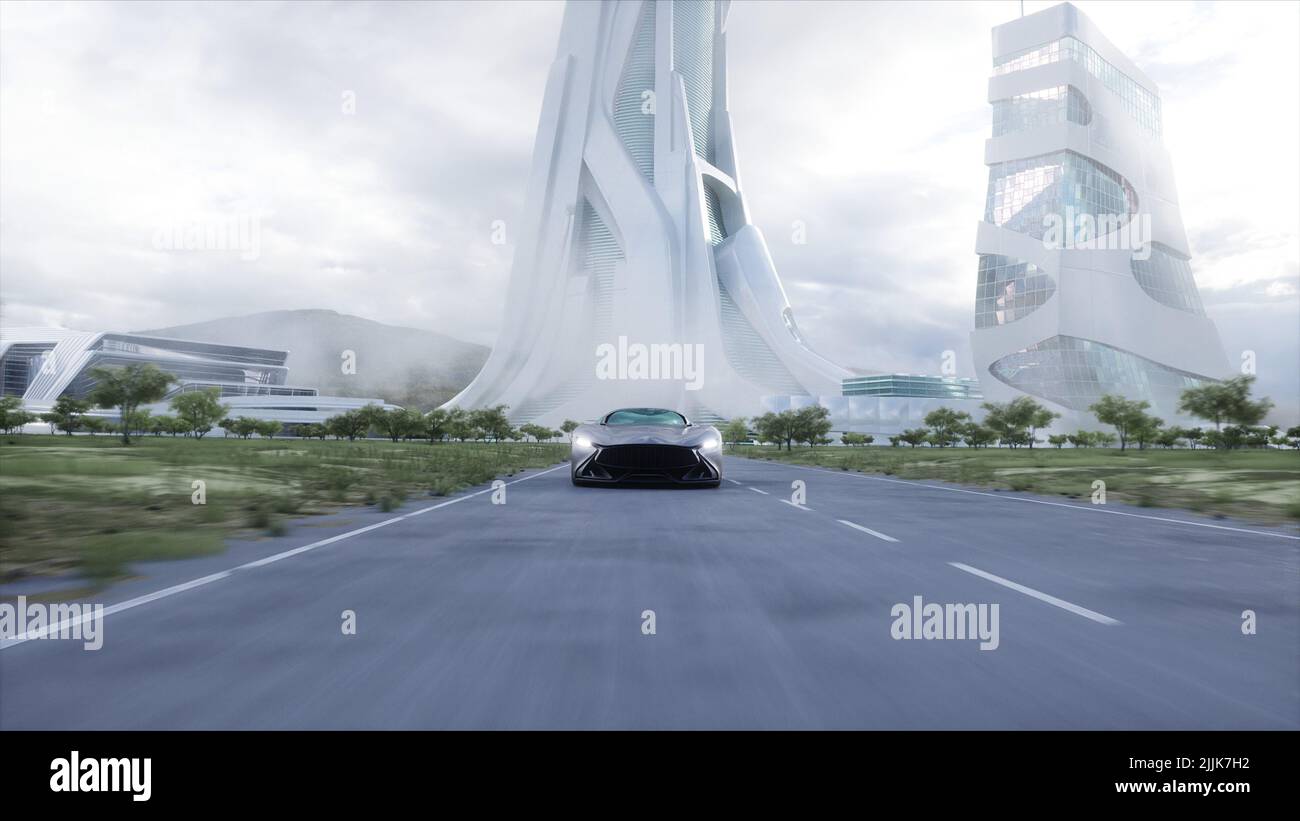 Futuristic sport car very fast driving on highway. Futuristic city ...
