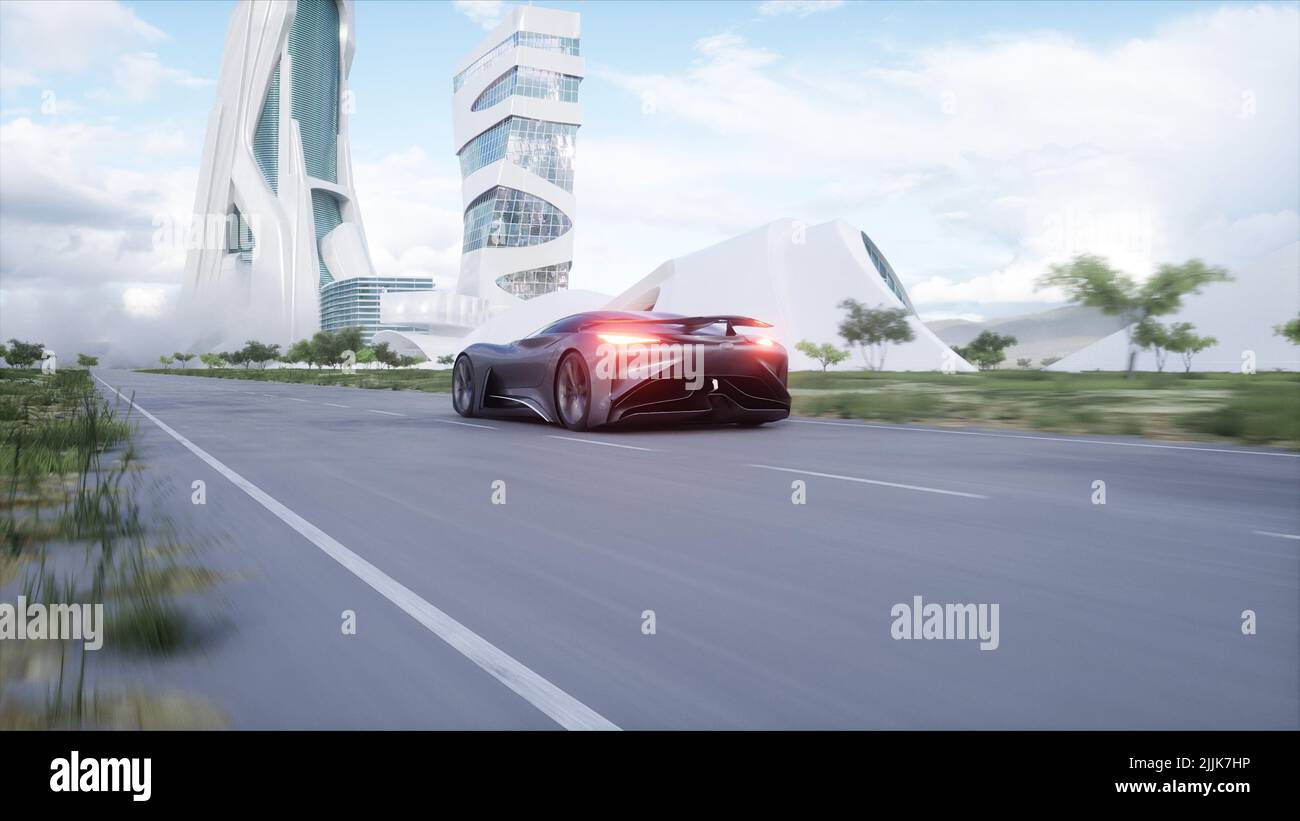 Futuristic sport car very fast driving on highway. Futuristic city ...
