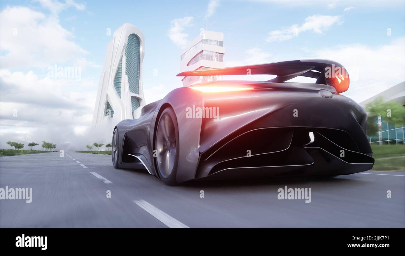 Futuristic sport car very fast driving on highway. Futuristic city ...