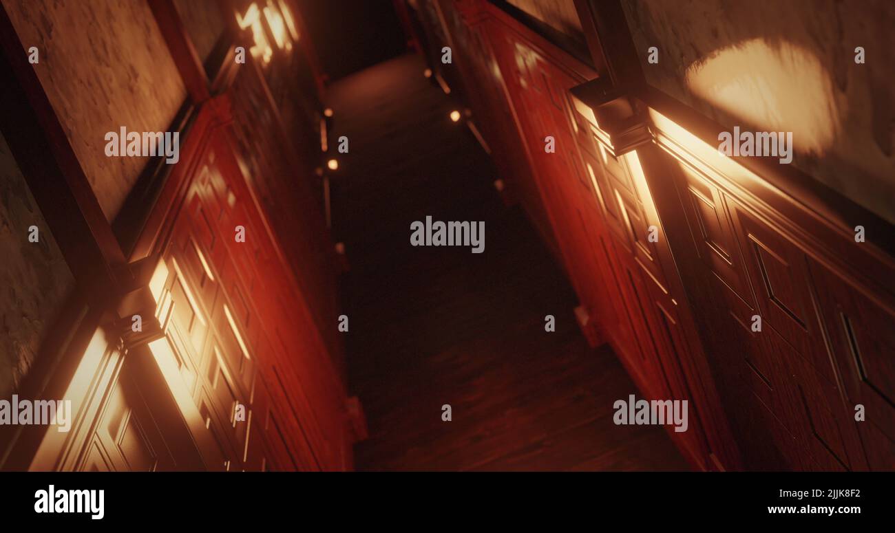 Image of old wood panelled corridor in scary dark interior Stock Photo ...