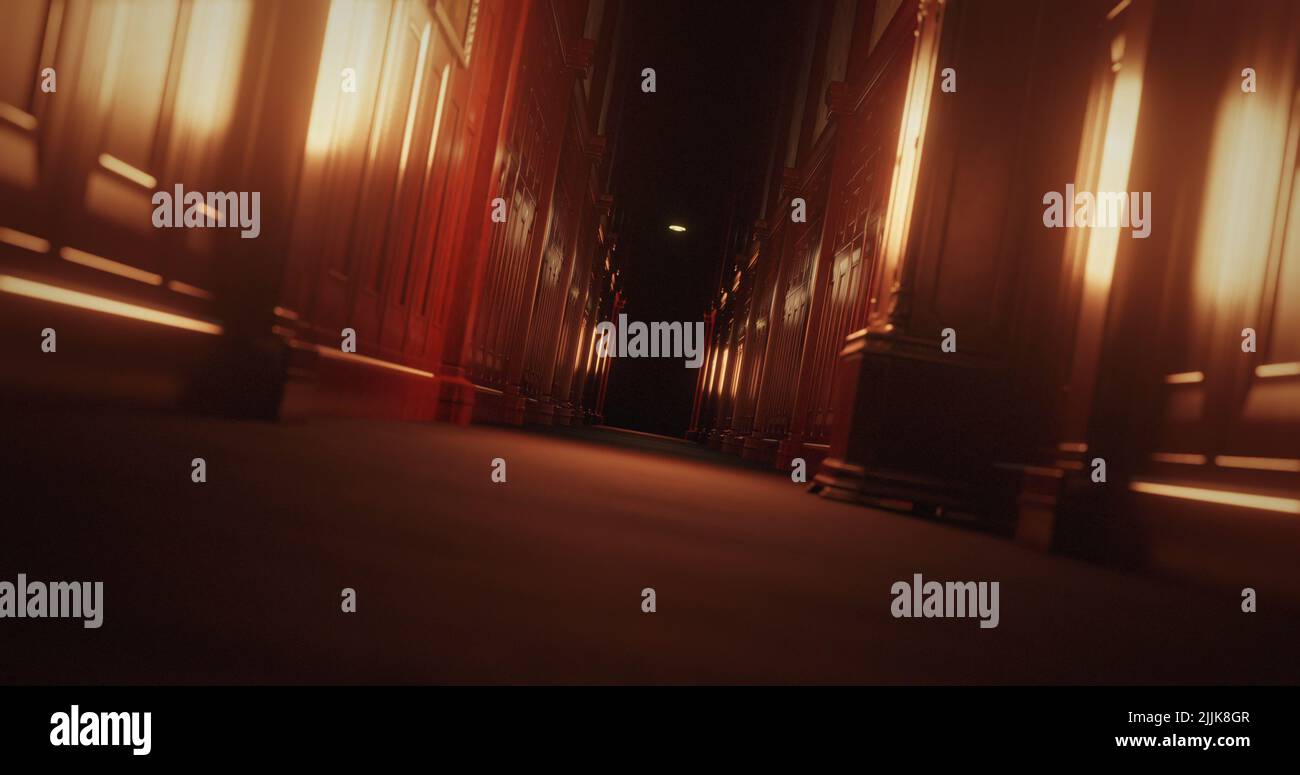 Image of old wood panelled corridor in scary dark interior Stock Photo ...