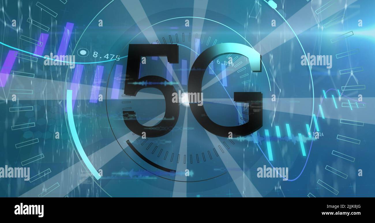 Image of graphs, data and 5g on blue background Stock Photo - Alamy