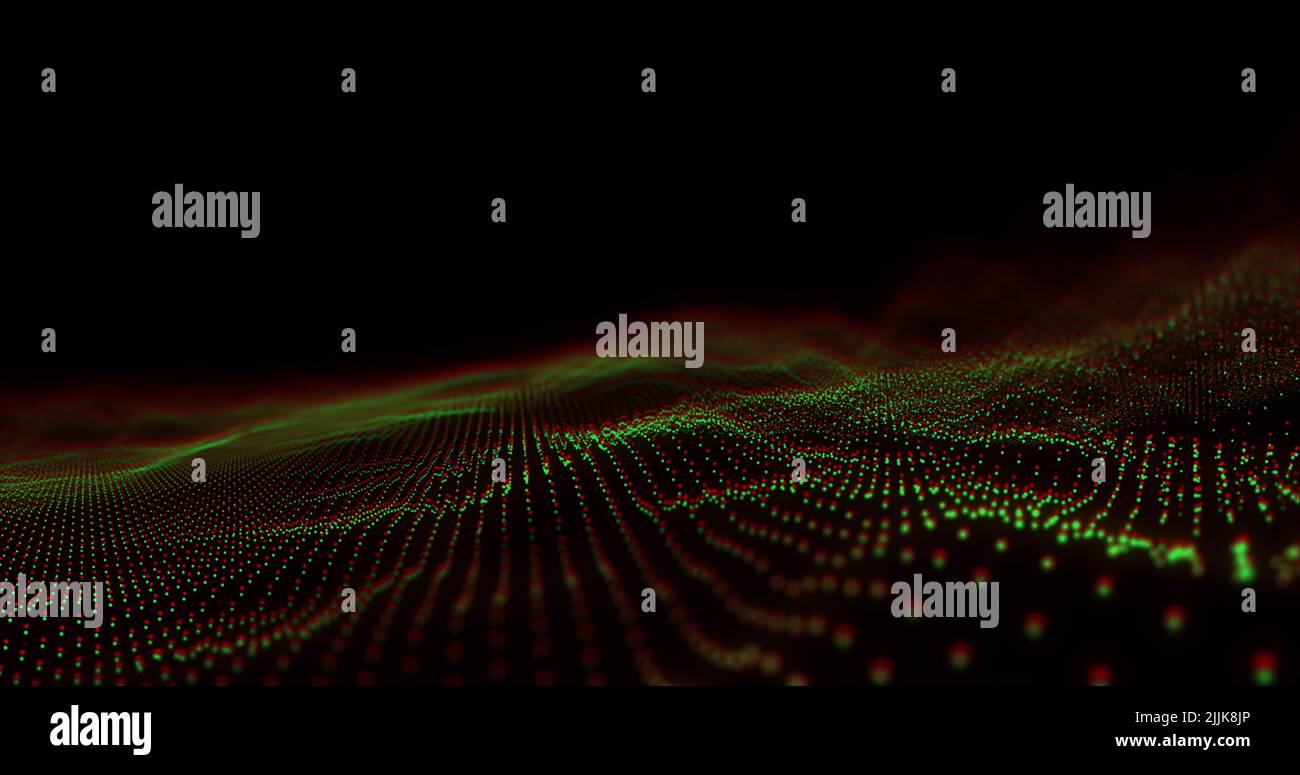 Image of undulating green and red 3d particle landscape on black ...