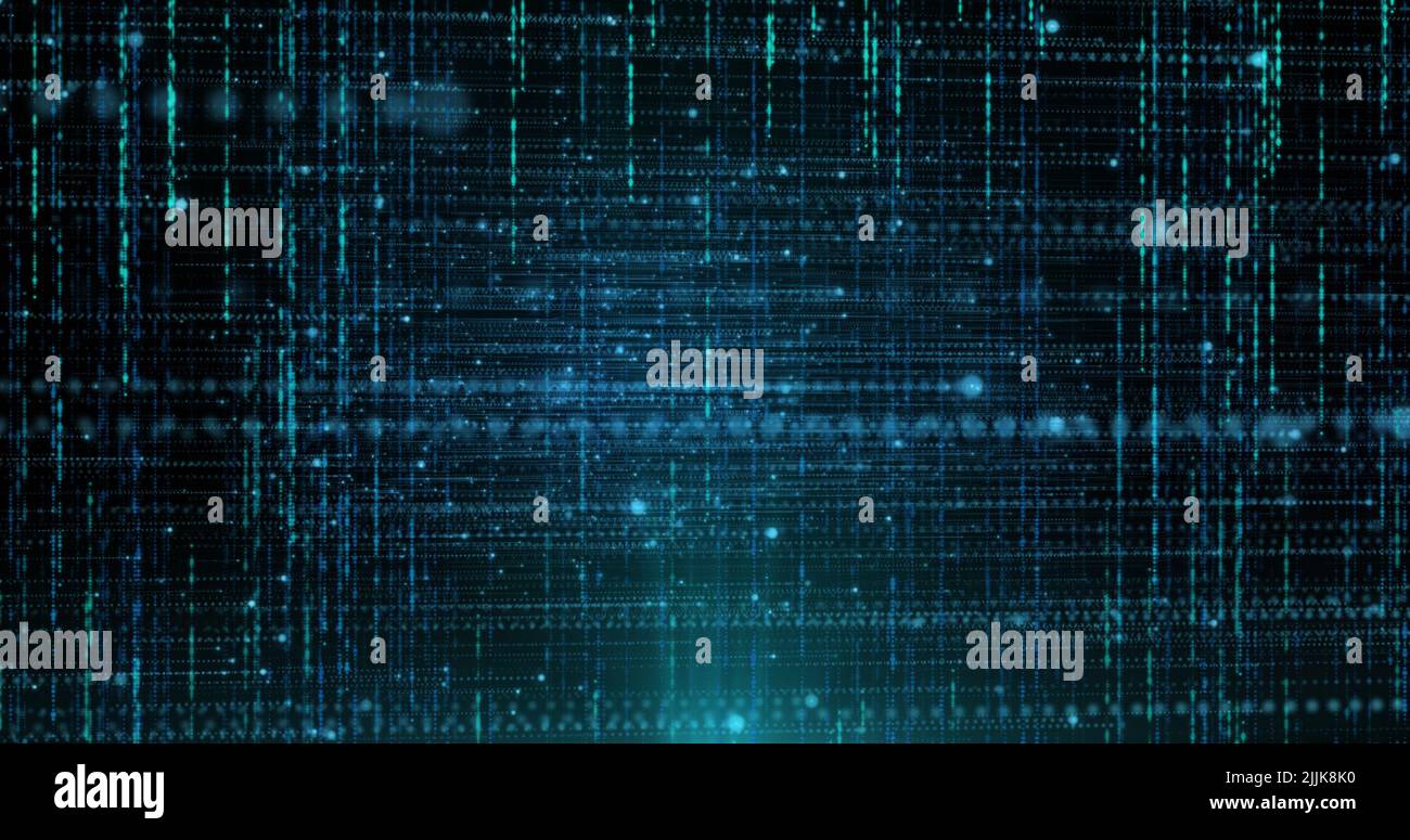 Image of vertical lines over horizontal lines of glowing blue particles ...