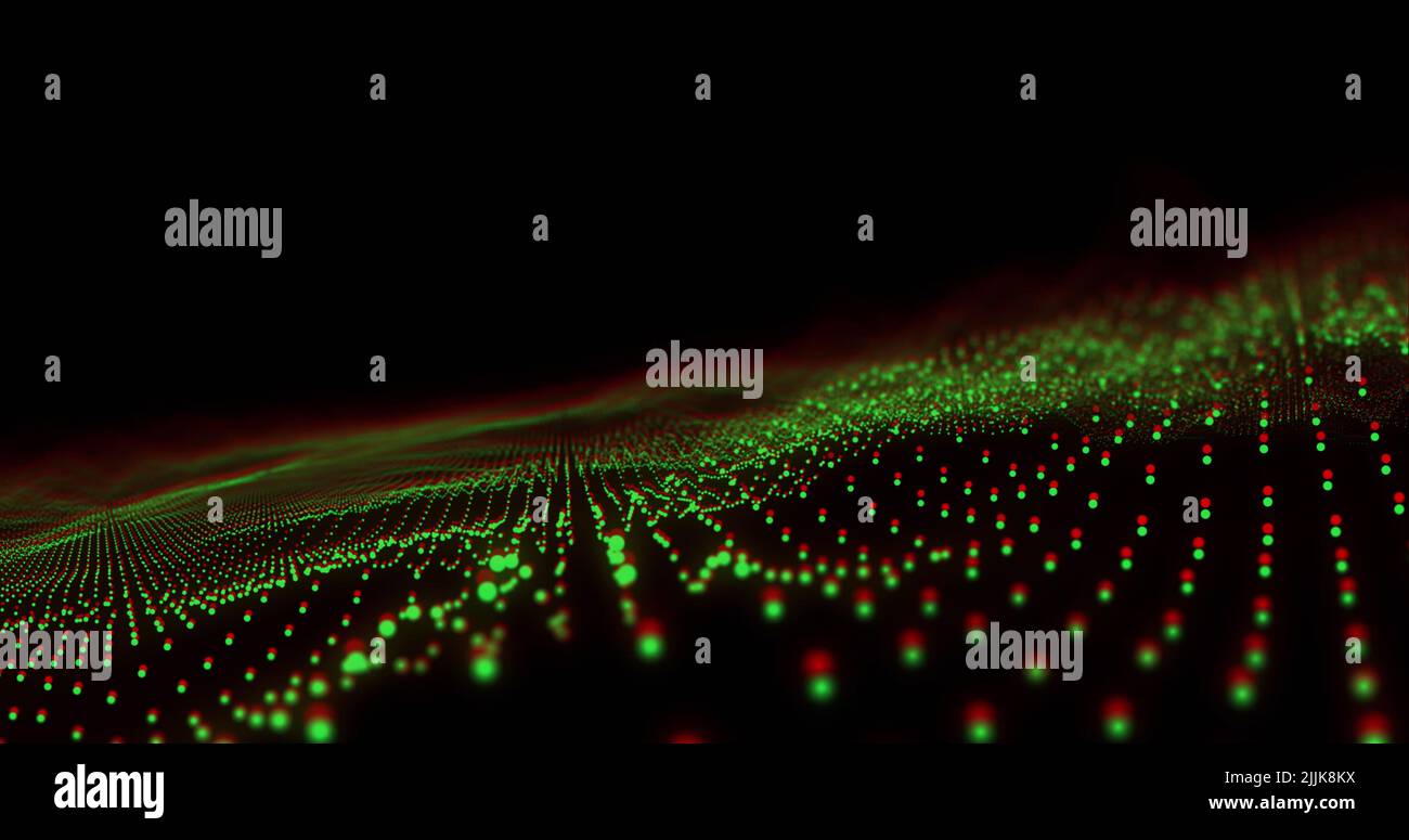 Image of undulating green and red 3d particle landscape on black ...