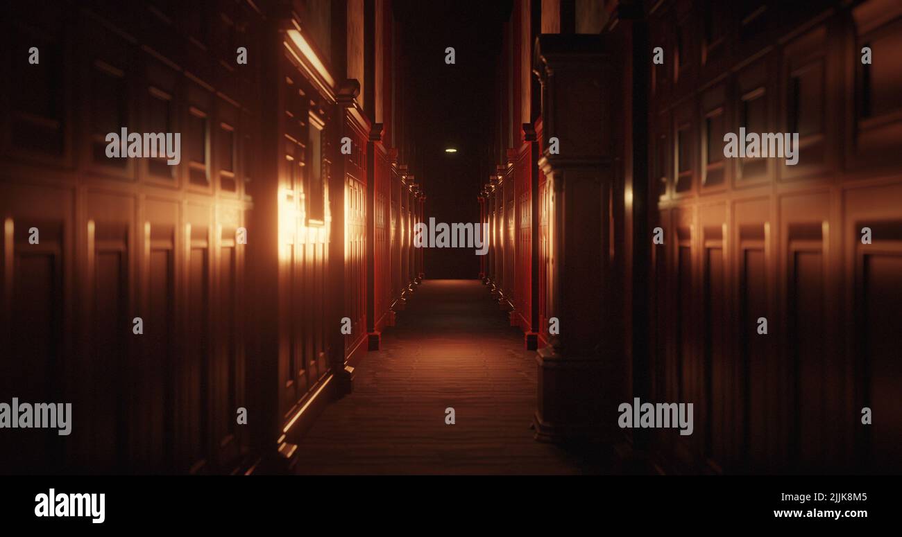Image of old wood panelled corridor in scary dark interior Stock Photo ...