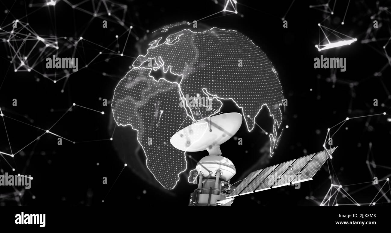 Image of satellite over globe and network of connections on black ...