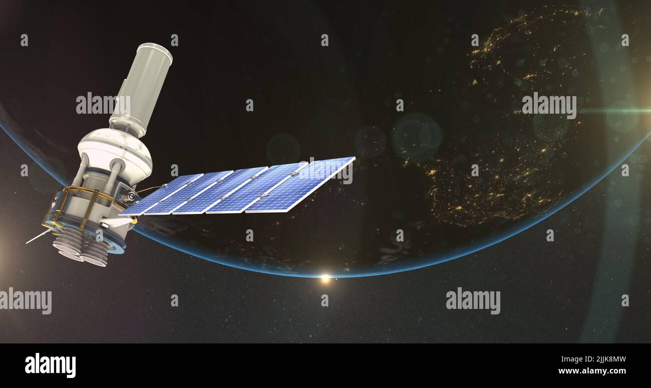 Image of satellite over globe spinning on black background Stock Photo - Alamy