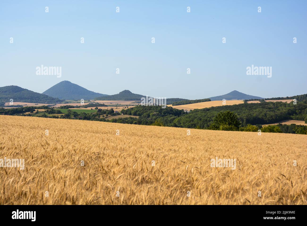 Landscape of Castle Skalka in České středohoří with mountains around ...