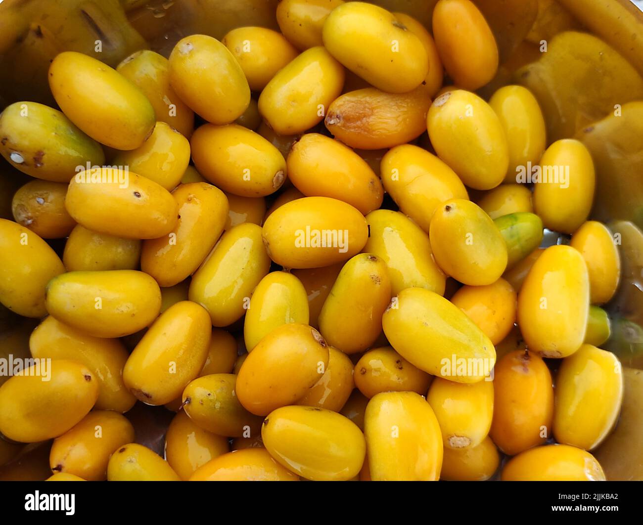 A view of Manilkara Hexandra yellow fruits in a steel bowl Stock Photo ...