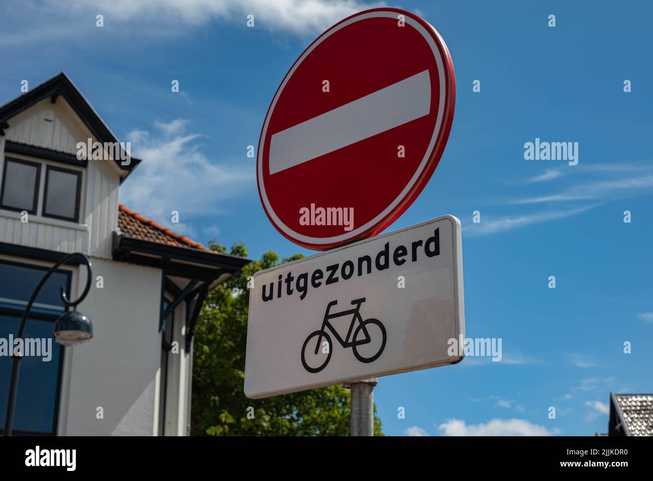 One-way traffic sign with an exception for cyclists in the Netherlands ...