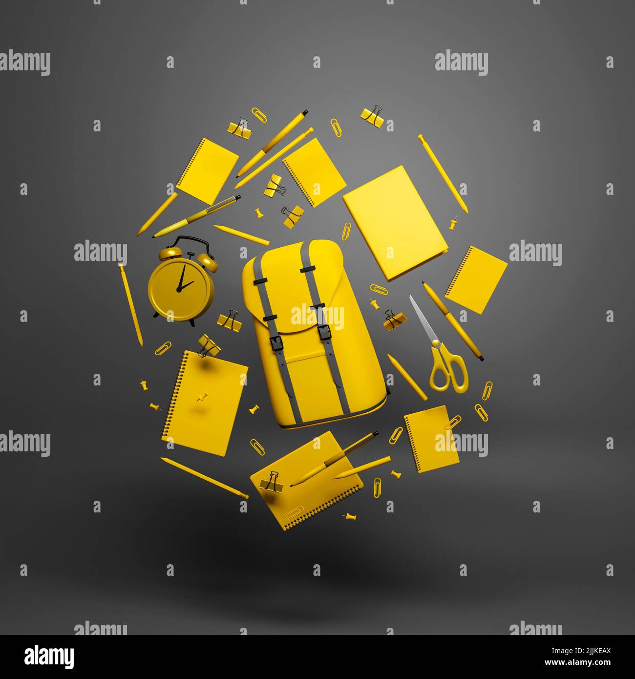 Yellow school supplies with backpack flying in circle on gray ...