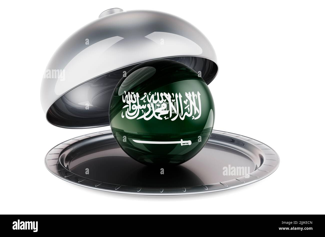 Restaurant cloche with Saudi Arabian flag. 3D rendering isolated on ...