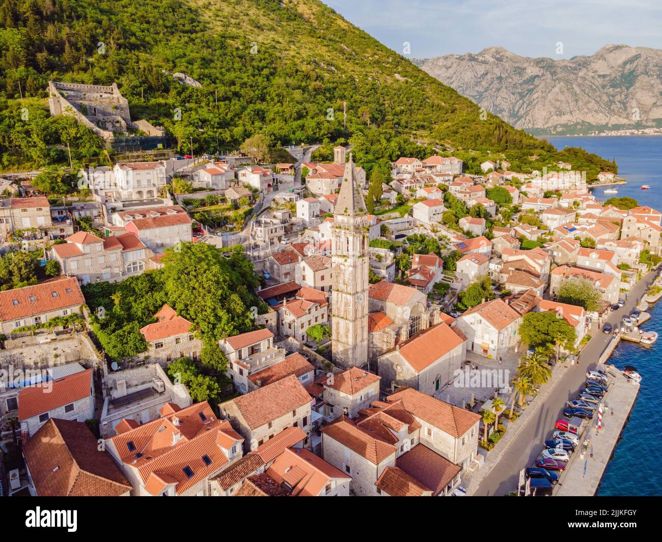 Scenic panorama view of the historic town of Perast at famous Bay of ...