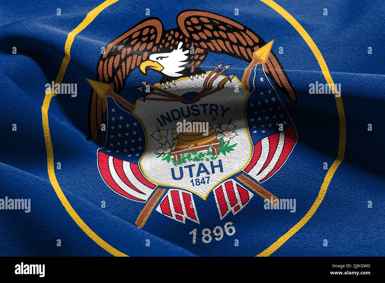 3D illustration flag of Utah is a state of United States. Waving on the ...