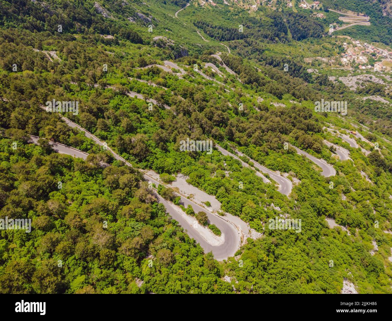 Aerial view on the Old Road serpentine in the national park Lovcen ...