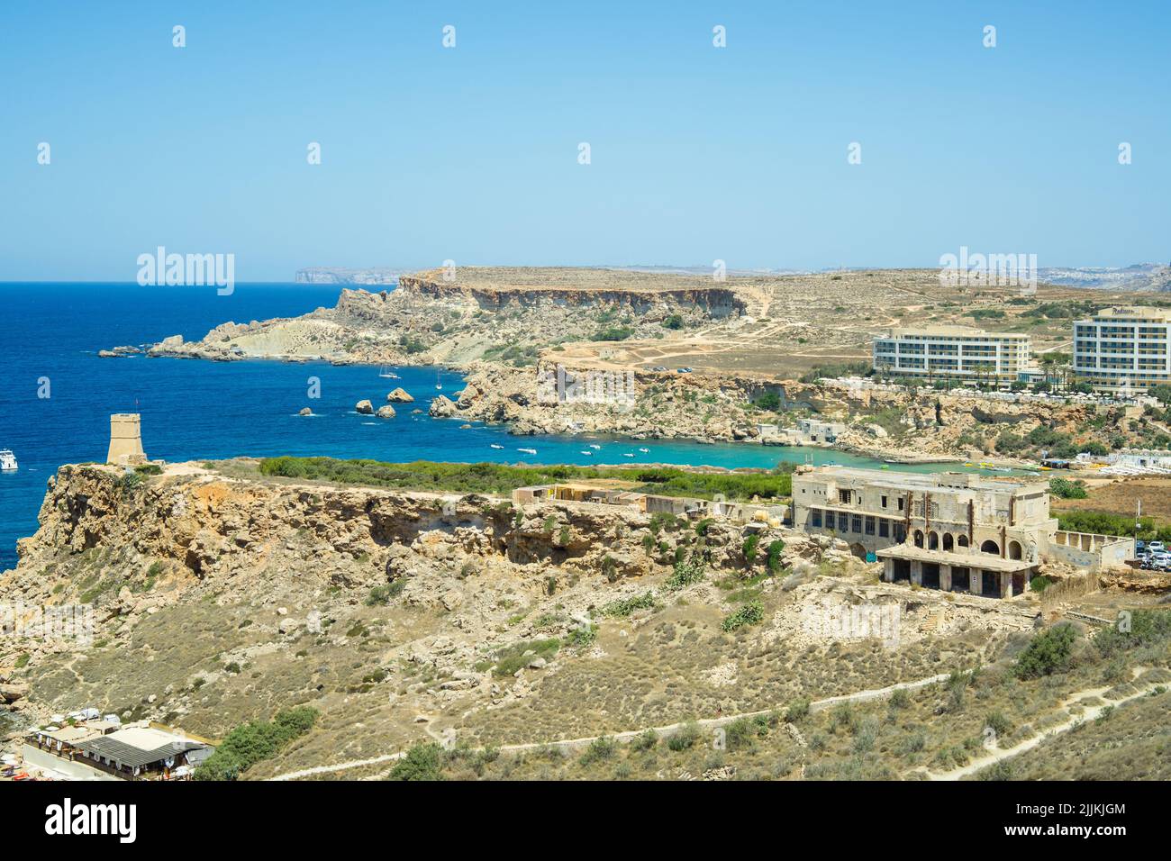 An aerial shot of the beautiful Singita Miracle Beach in Malta under a ...