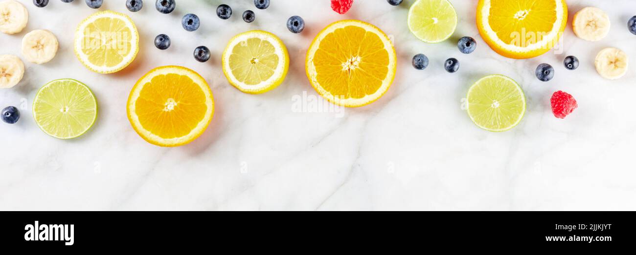 Fresh summer food menu banner with copy space. Fruits, shot from the ...