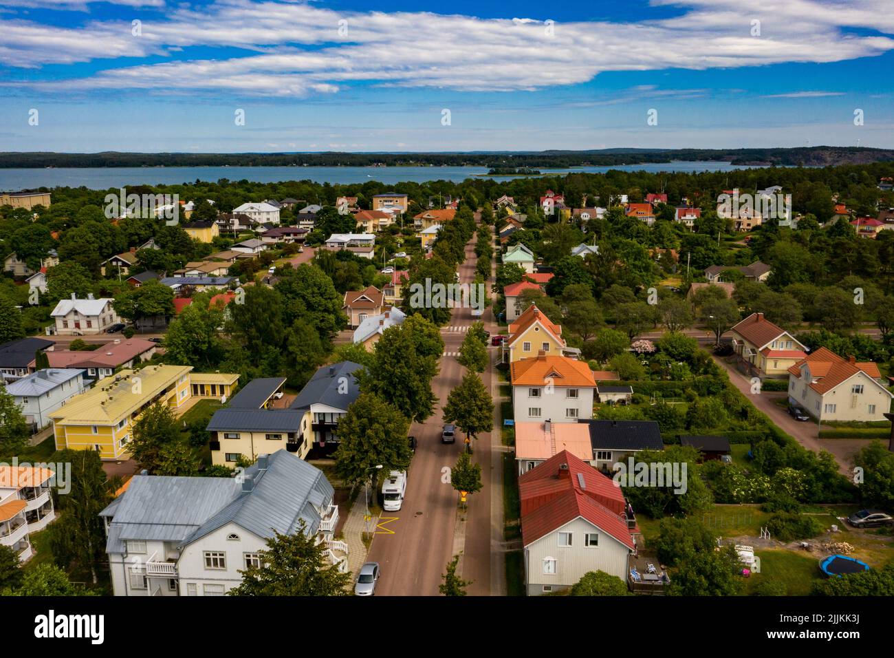 Aerial view traffic in the suburbs of Mariehamn city, summer in Aland ...