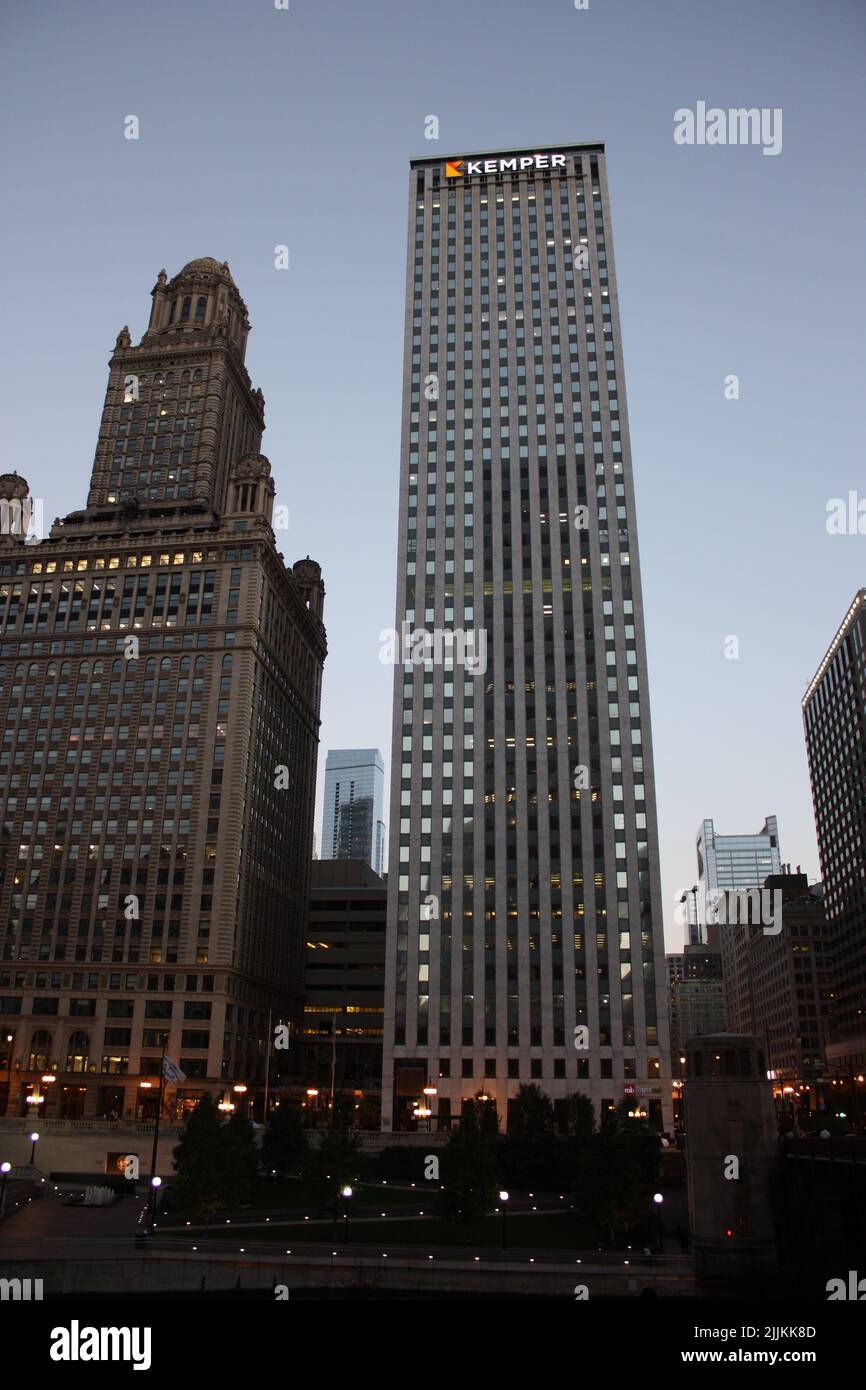 A vertical shot of the Kemper and Thirty-Five E Wacker building ...