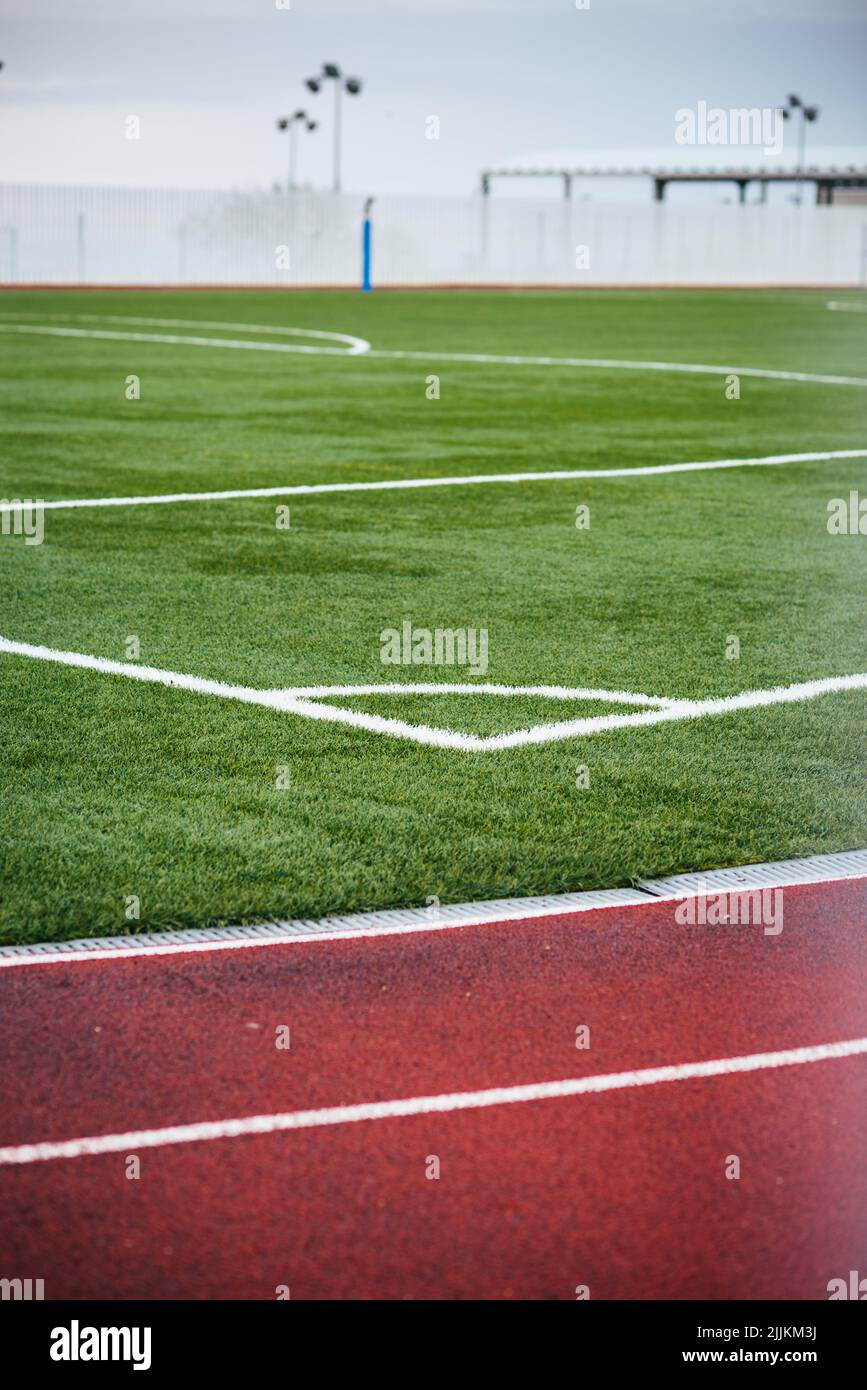 Concept: Sport. Detail of the corner of the soccer field next to the ...