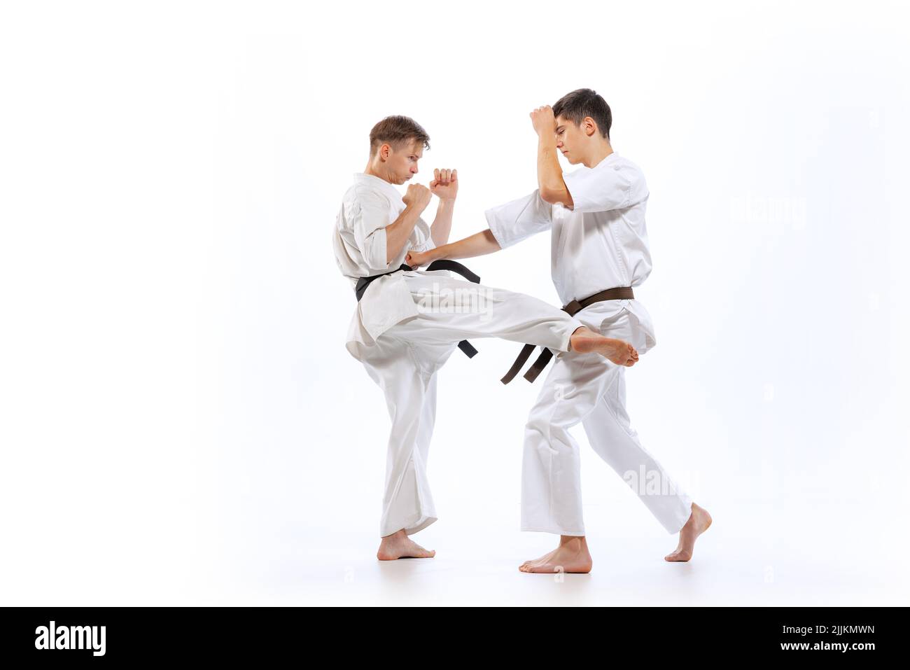 Two athletes, karate-do fighters in doboks practicing karate isolated ...