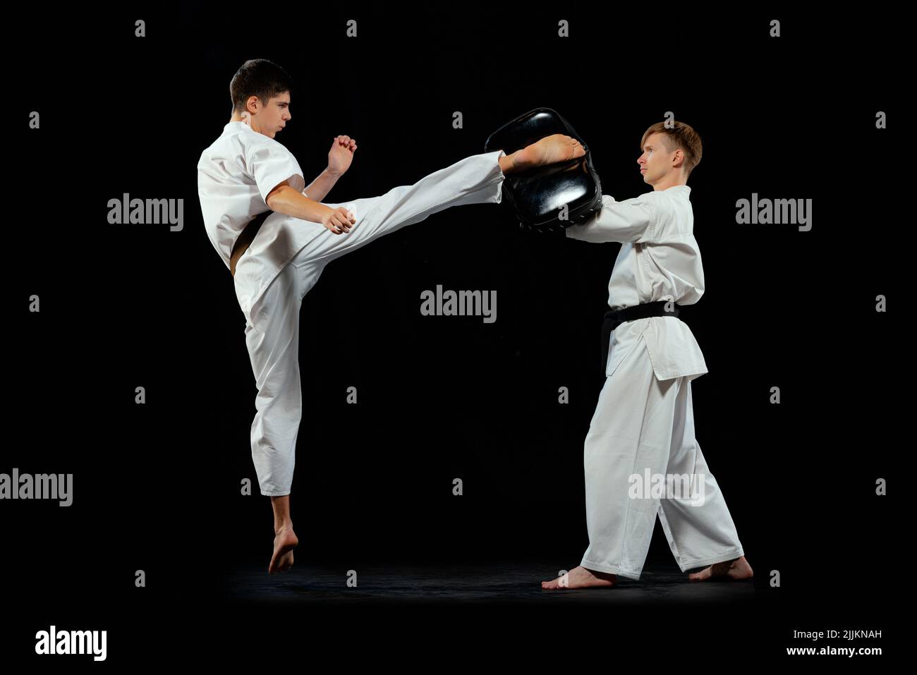 Dynamic portrait of male karate-do fighters in sports uniform training ...