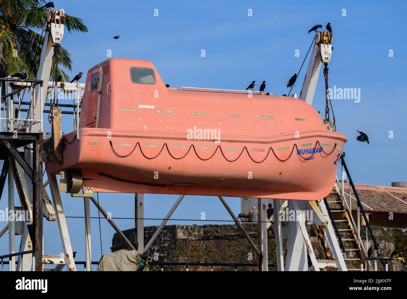 Rescue boat deploys mechanism in Galle fort. Lifeboat Davit launching ...