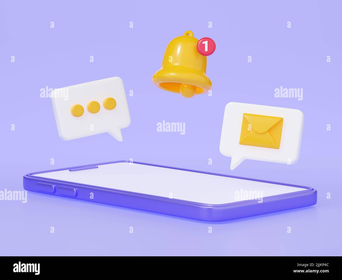 Notification 3d render - chat speech bubble, letter envelope and bell ...