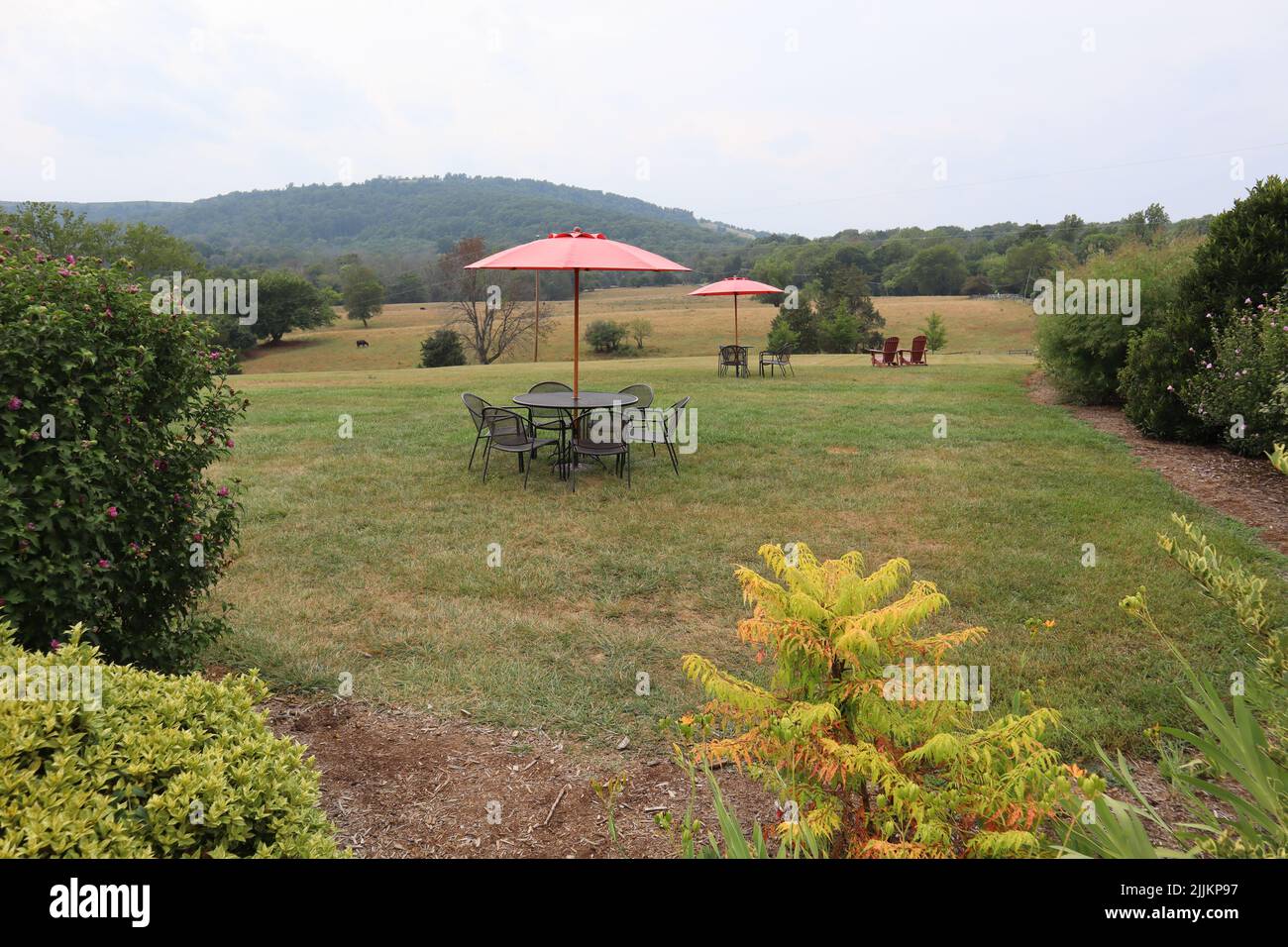 A scenic landscape of seating area overlooking countryside near ...