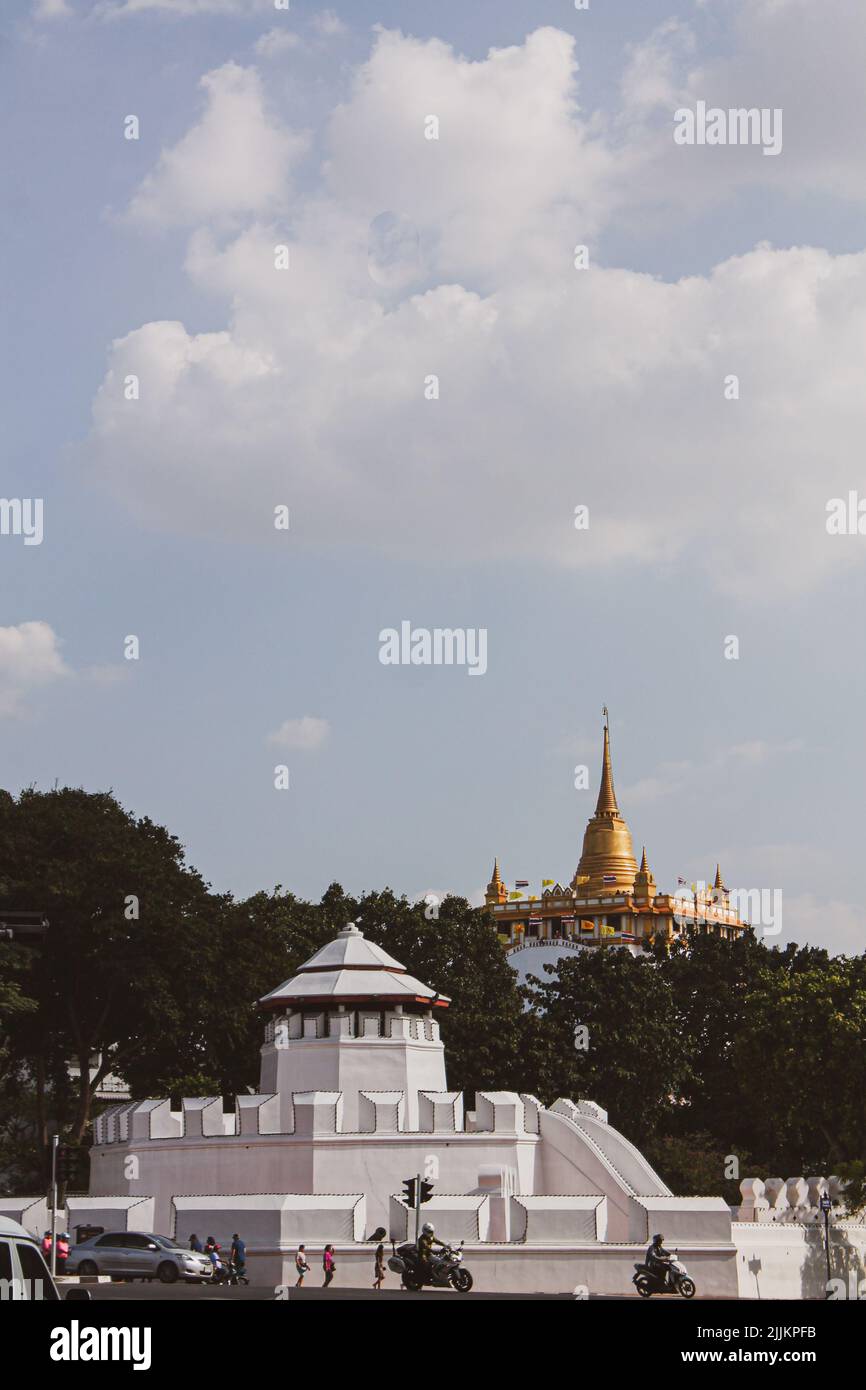 The Mahakan Fort and Wat Saket Buddhist temple in Bangkok, Thailand ...