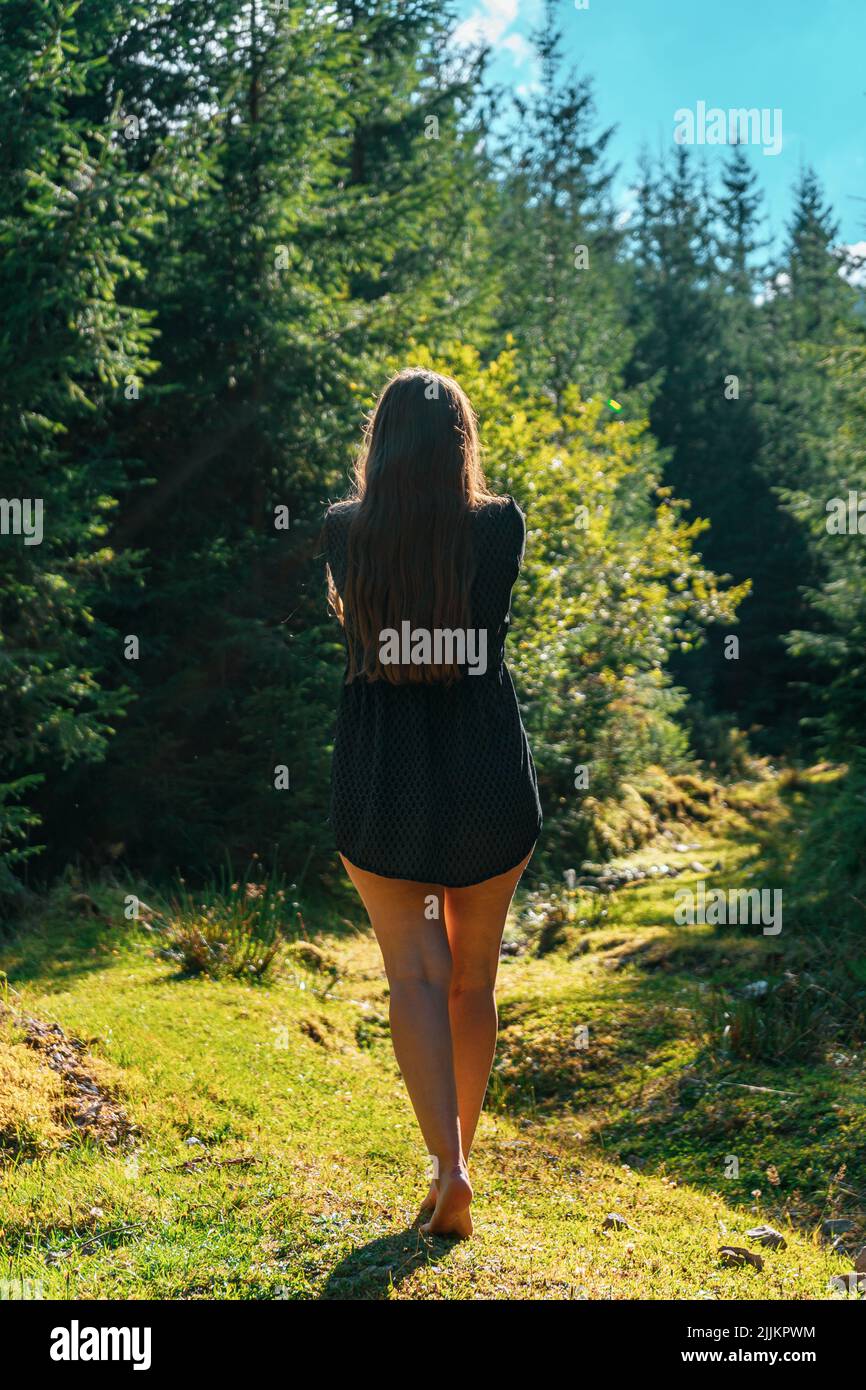 A rear view of a young barefoot female in the forest Stock Photo - Alamy