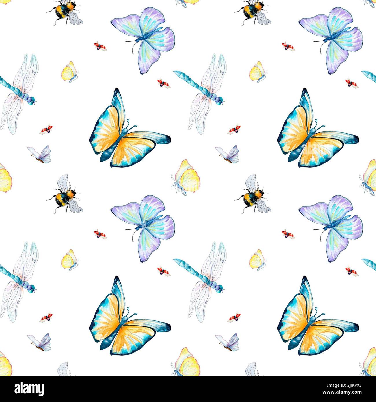 Grassland insects watercolor illustration seamless pattern on white ...