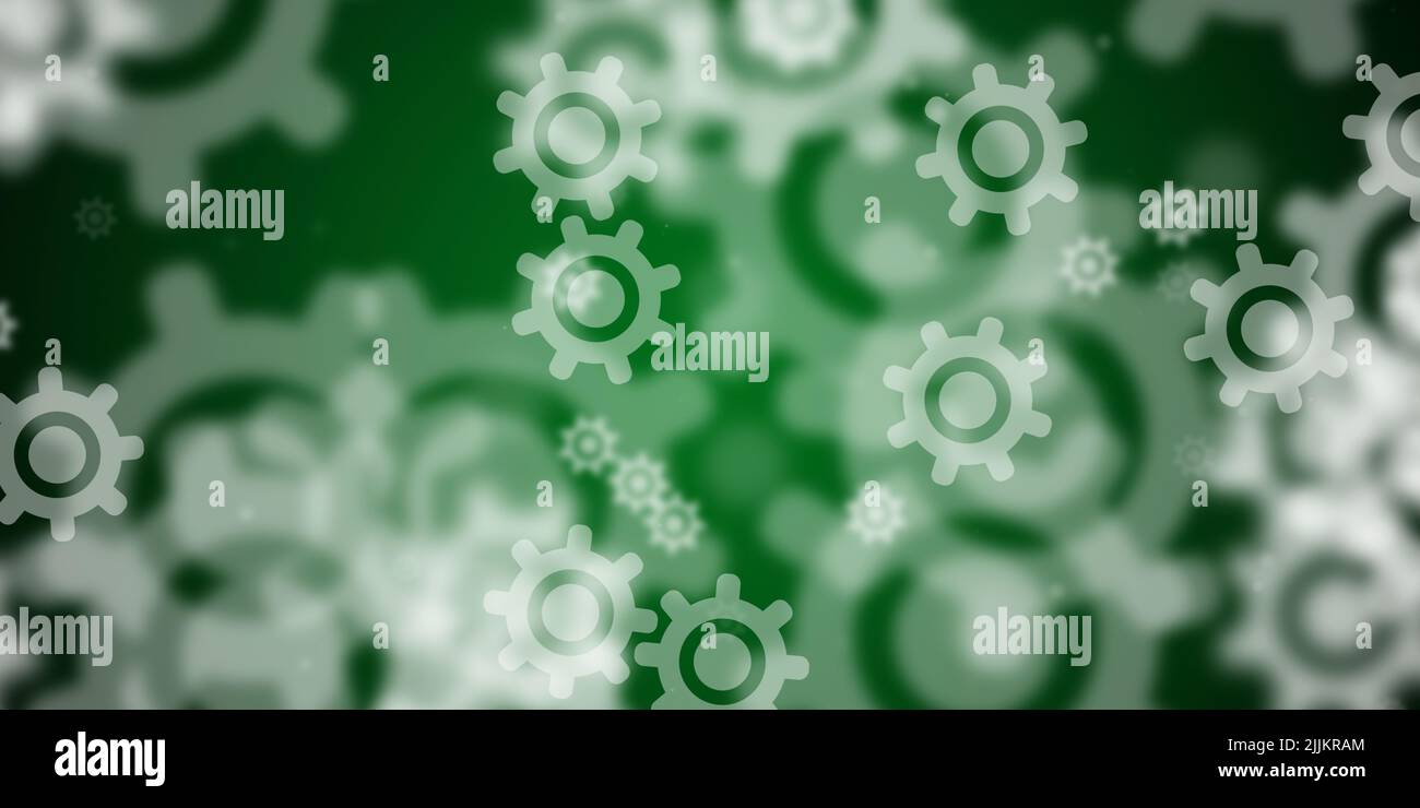 Flying cog wheels over green background Stock Photo - Alamy